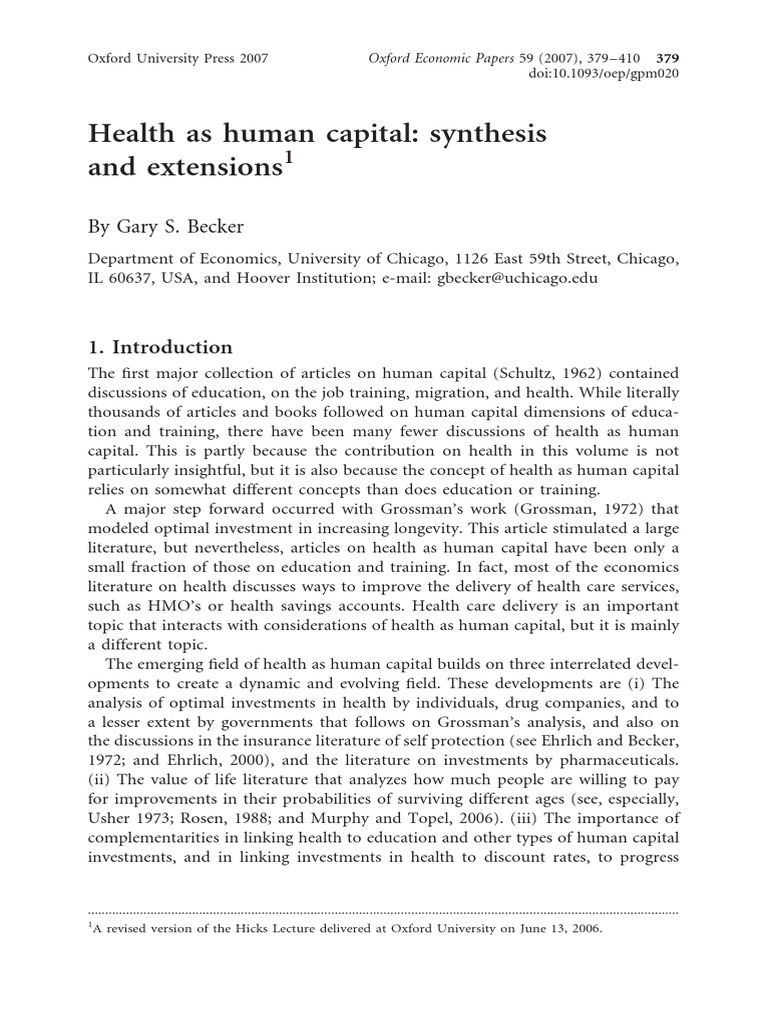 Health As Human Capital Becker PDF | PDF | Profit (Economics) | Human ...