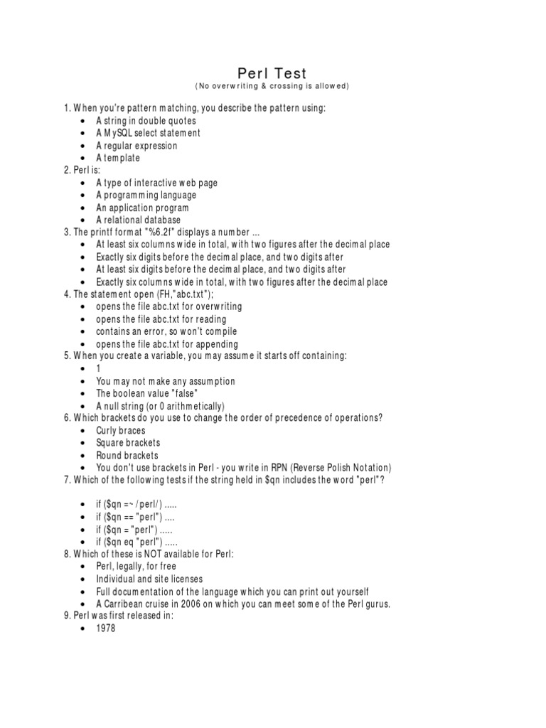Perl Test Question | PDF | Perl | Parameter (Computer Programming) Perl Test Question | PDF | Perl | Parameter (Computer Programming)