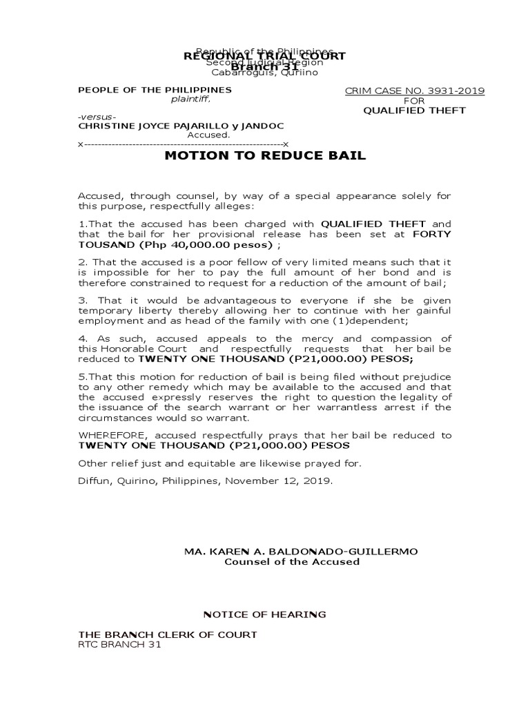 Motion To Reduce bail-CHRISTINE | PDF | Bail | Search Warrant