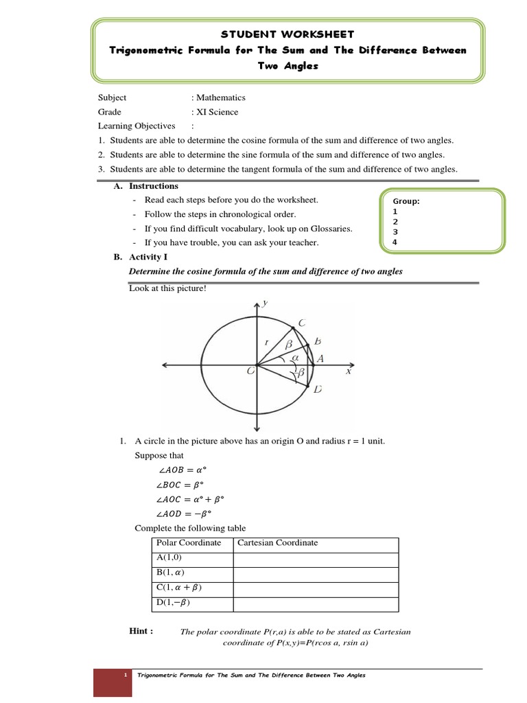 Student Worksheet Trigonometric Formula For The Sum and The Difference ...
