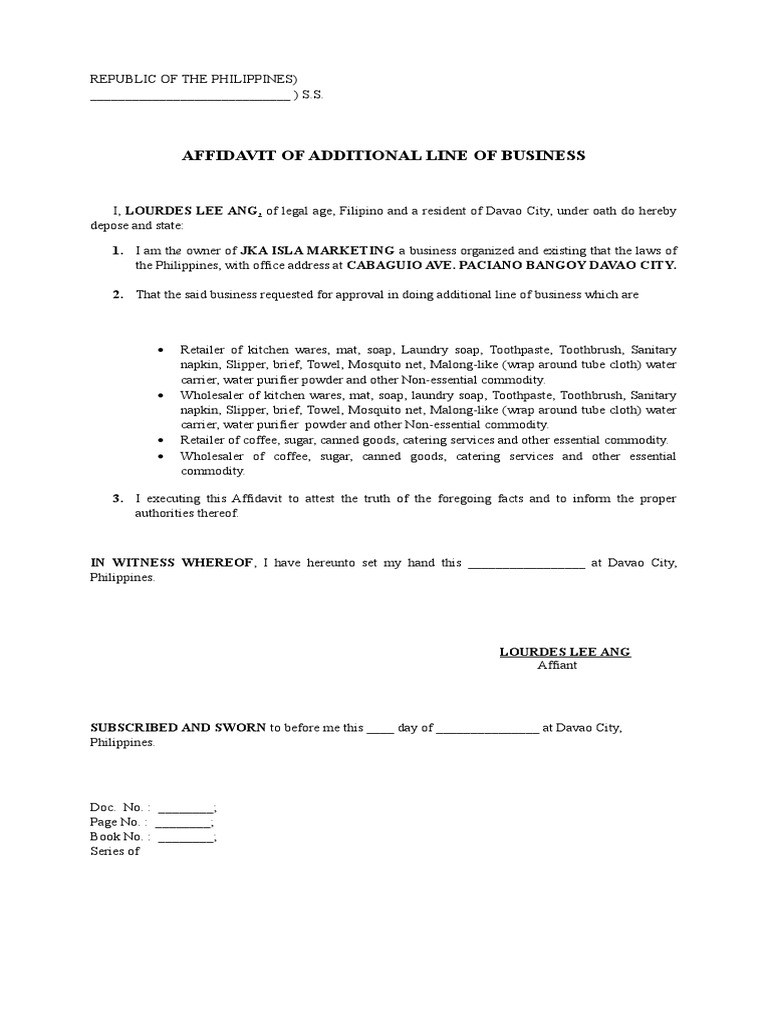 Affidavit for Additional Business Lines | PDF | Social Science