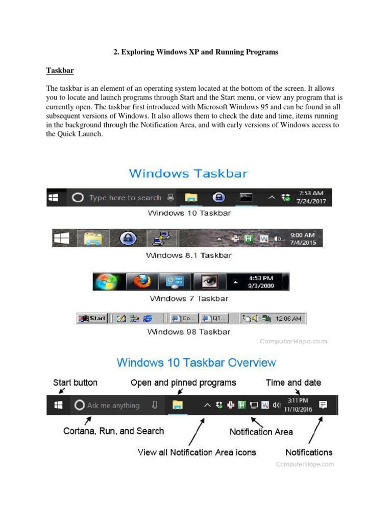 Exploring Windows XP and Running Programs Taskbar | PDF