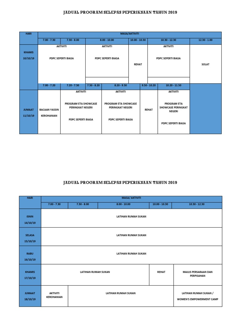 Jadual Aktiviti Selepas Peperiksaan | PDF
