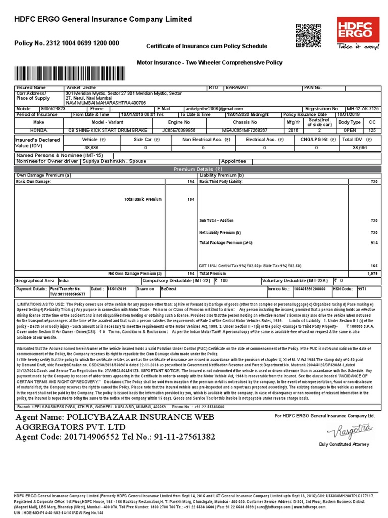 2 Wheeler Policy | PDF | Vehicle Insurance | Insurance