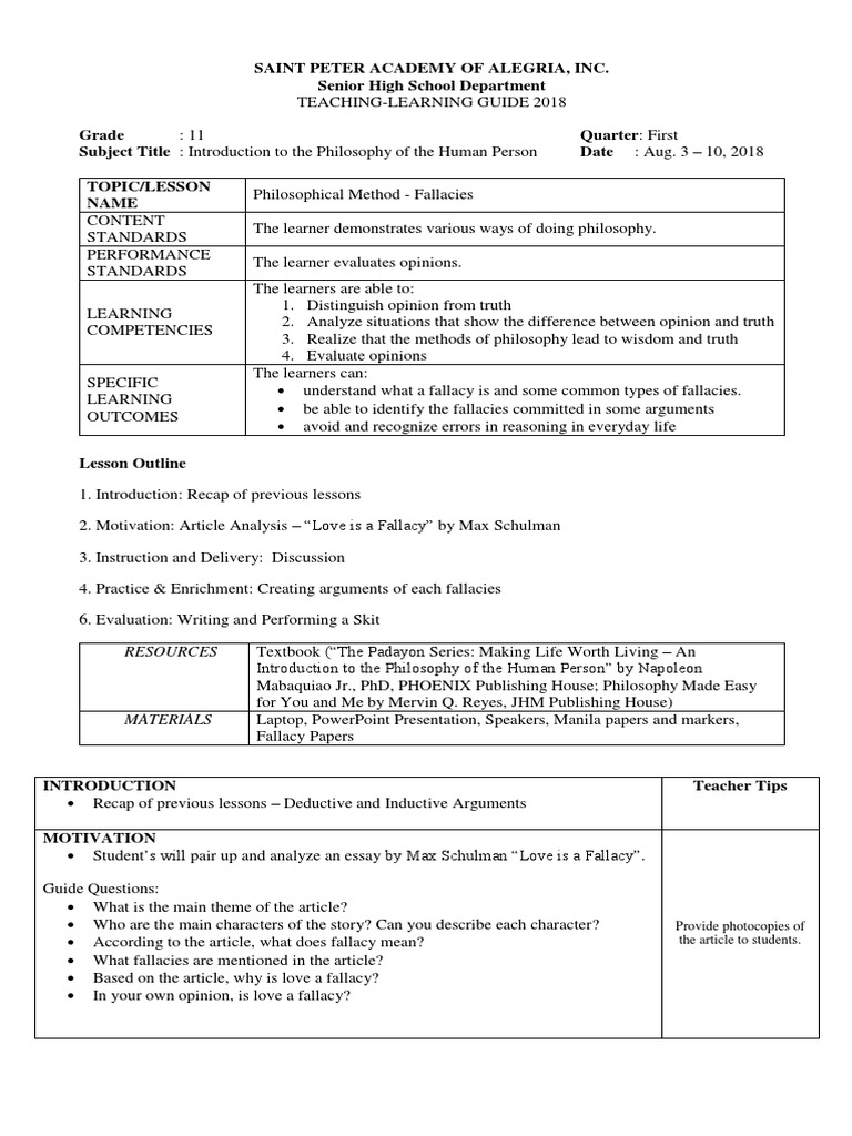 Fallacies in Philosophy Curriculum Guide | PDF | Fallacy | Argument