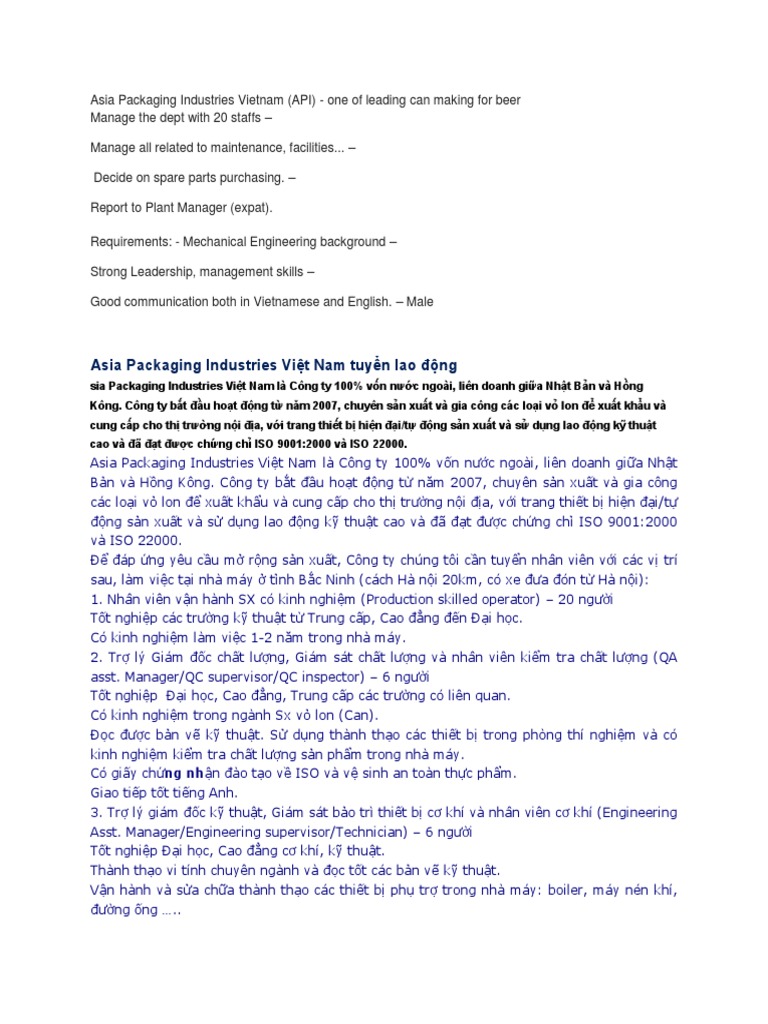 Asia Packaging Industries Vietnam | PDF