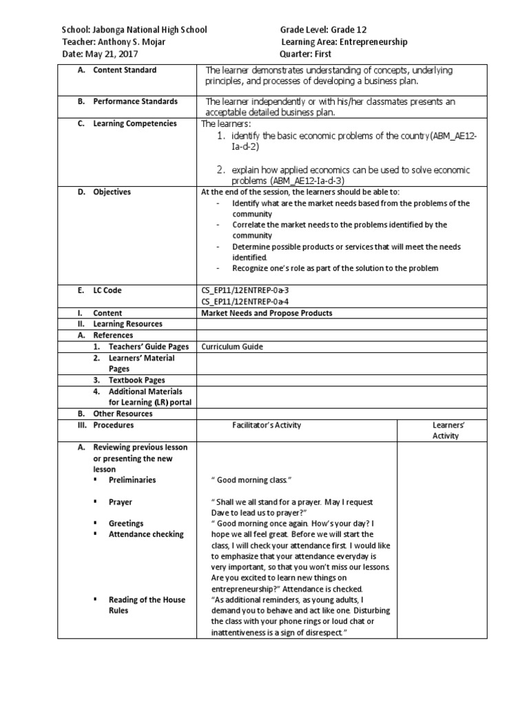 Detailed Lesson Plan On Entrepreneurship | PDF | Lesson Plan | Learning