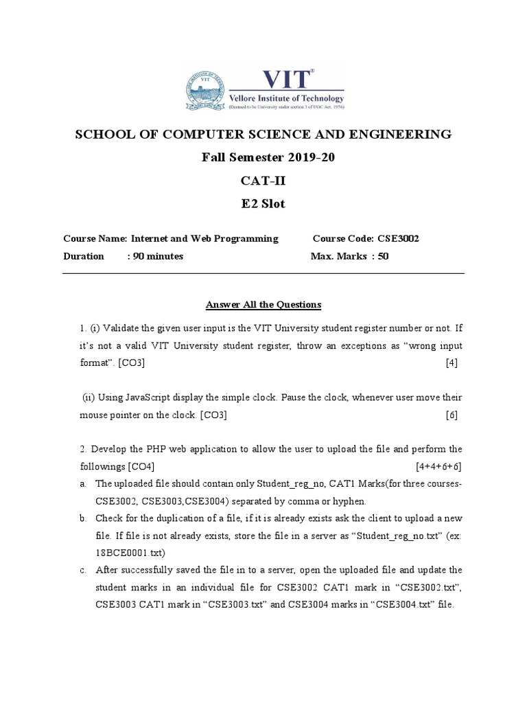 Fallsem2019-20 Cse3002 Eth VL2019201000969 Cat-2 QP Key E2 Vtop | PDF | Php | World Wide Web