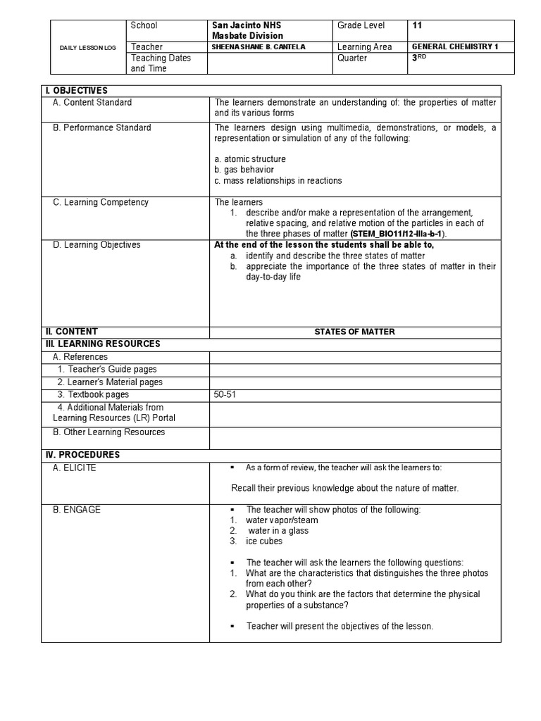 States of Matter Lesson Plan for Grade 11 | PDF | Matter | Gases