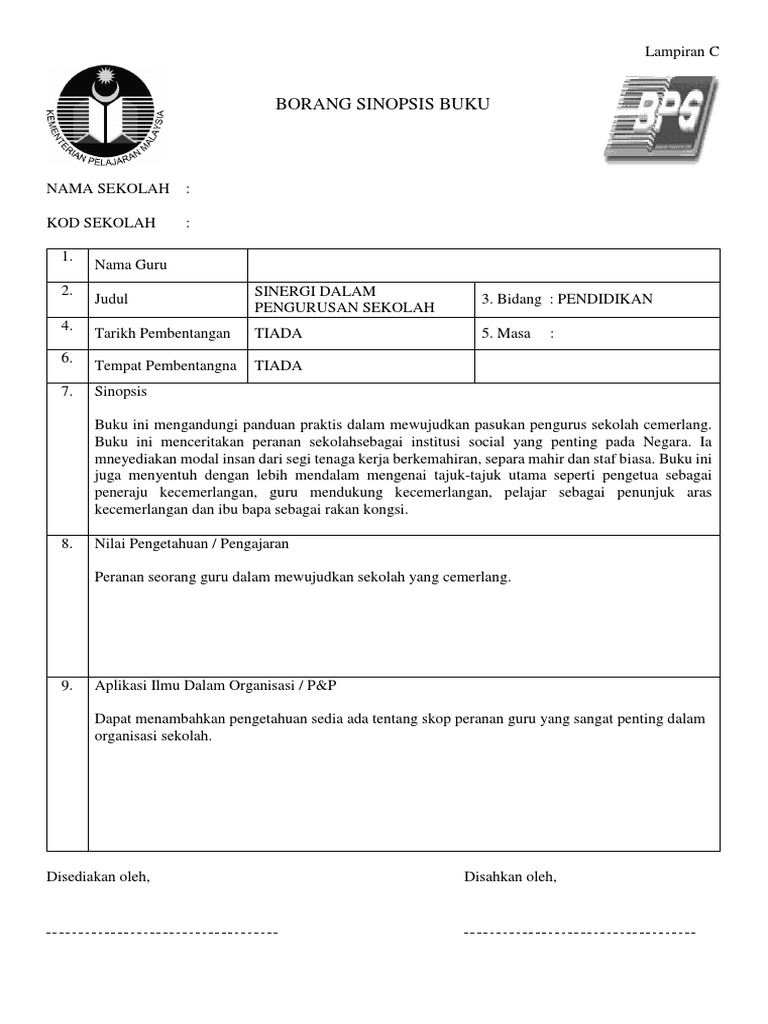 Book Review Borang Sinopsis Buku Splkpm Gambaran - Riset