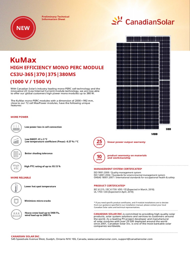 Canadian Solar-Datasheet - KuMax (MBB&5BB) CS3U-MS v5.57 en 380Wp | PDF ...