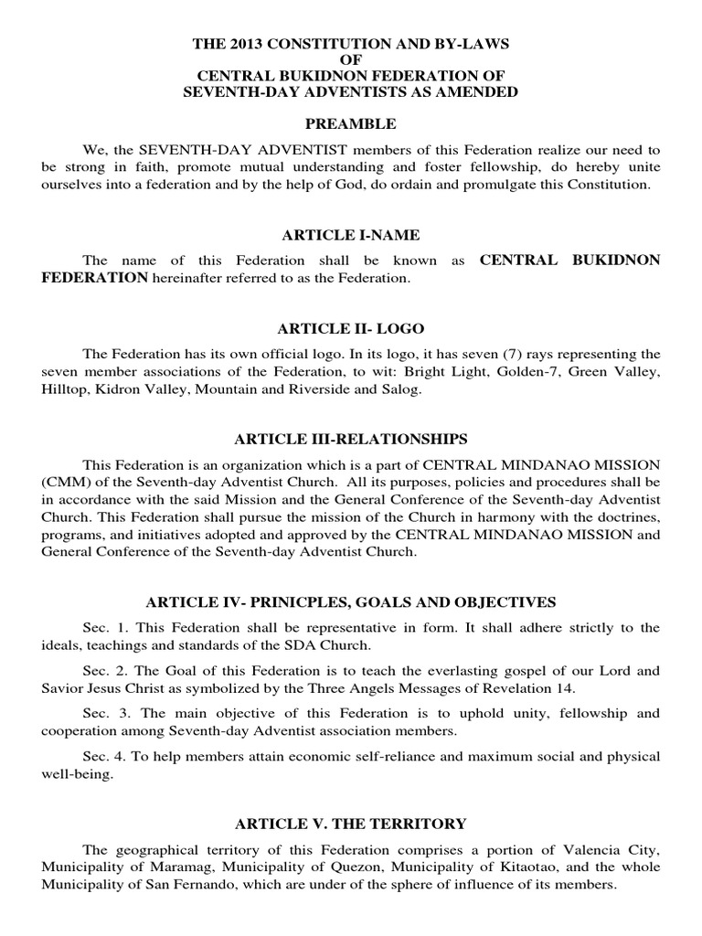 Central Bukidnon SDA Constitution & Bylaws | PDF | Seventh Day ...