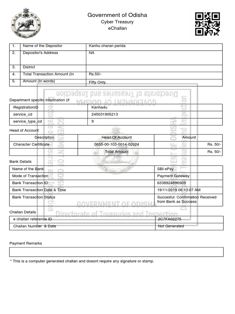Government of Odisha: Echallan Cyber Treasury | PDF