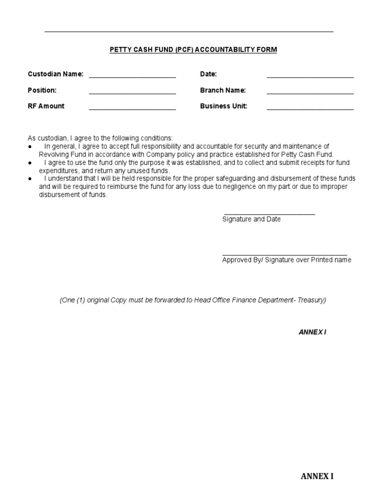 Petty Cash Fund Custodian Accountability Form | PDF