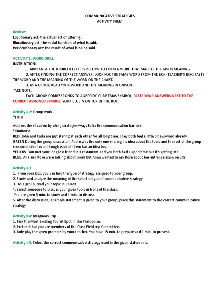 Activity Sheet Communicative Strategies | PDF