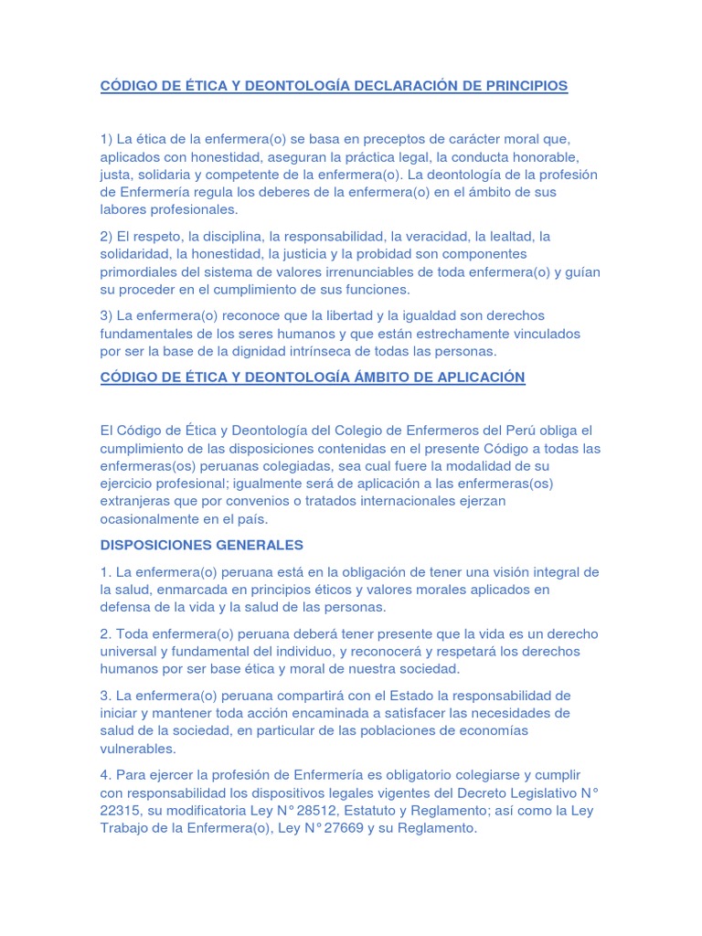 Código de Ética y Deontología Declaración de Principios | PDF | Enfermería | Moralidad