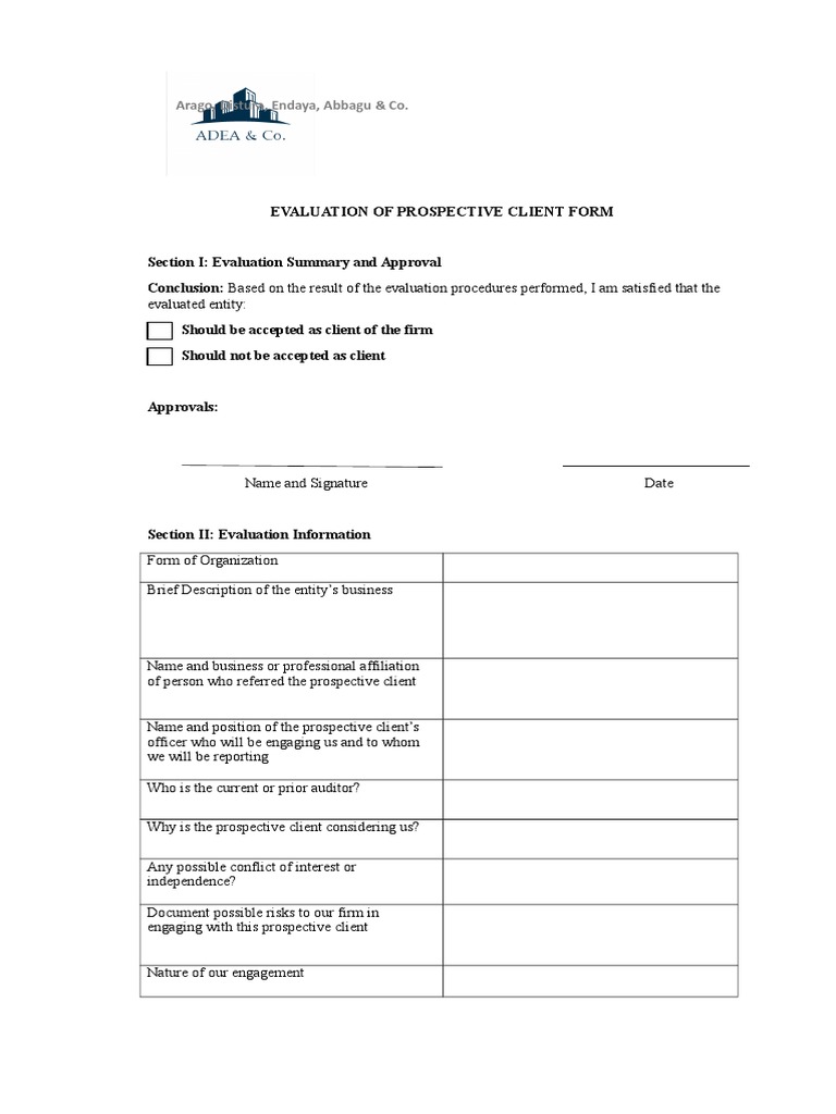 Evaluation of Prospective Client Form | PDF