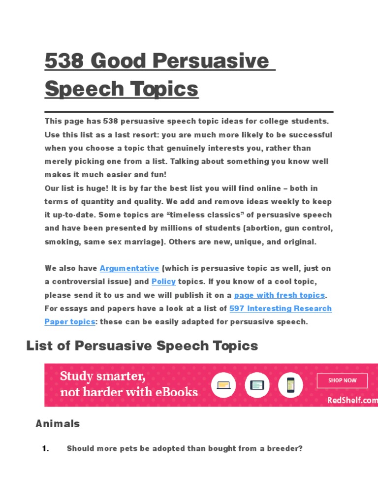 538 Persuasive Speech Topics for Students | PDF | Schools | Birth Control
