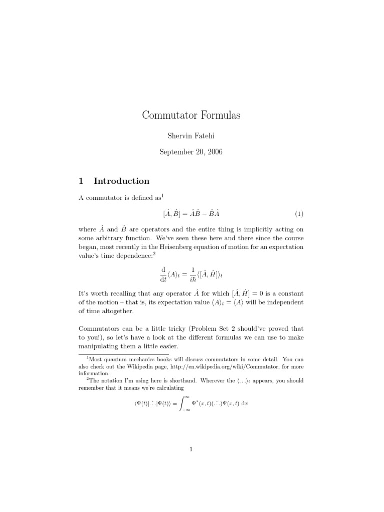 Commutator Formulas: Shervin Fatehi September 20, 2006 | PDF ...