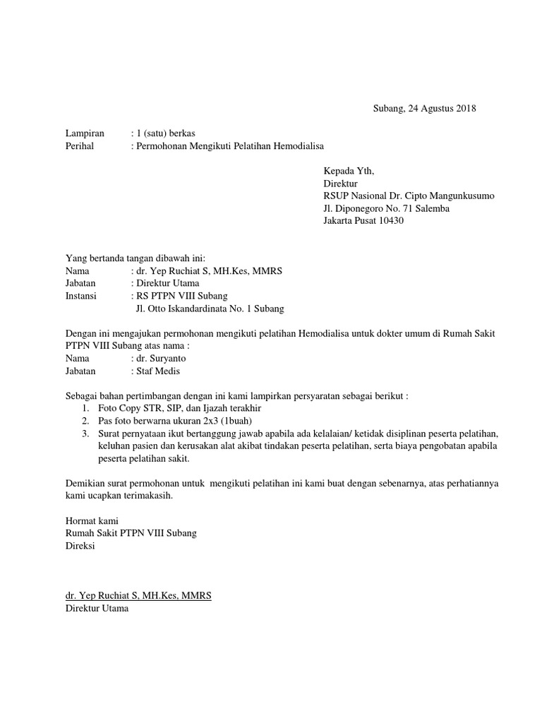 Surat Pelatihan Hemodialisa RSCM | PDF
