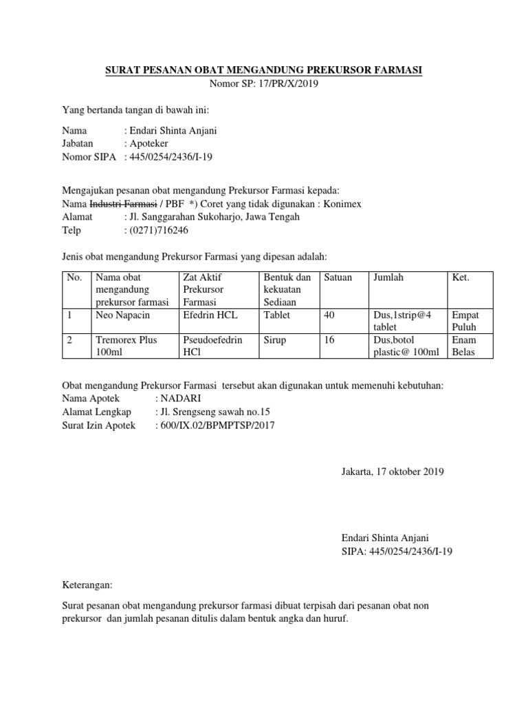 Surat Pesanan Obat Mengandung Prekursor Farmasi | PDF