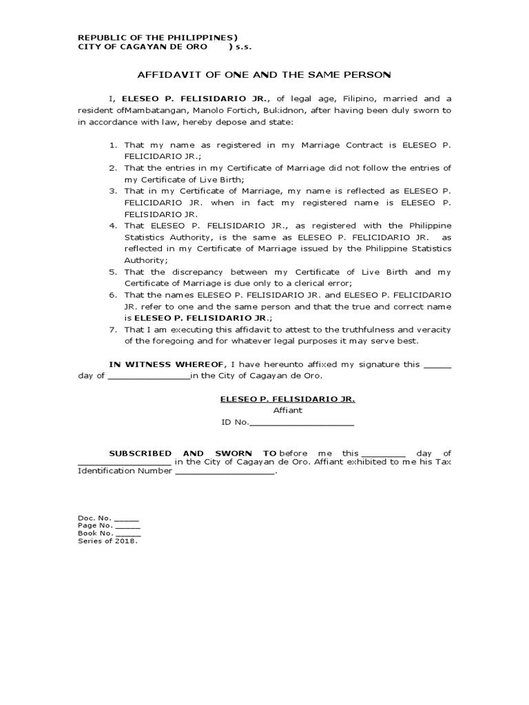 Affidavit of One and The Same Person | PDF