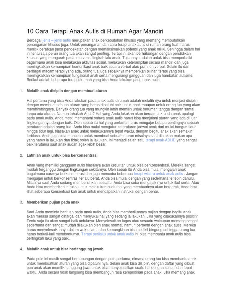 10 Cara Terapi Anak Autis Di Rumah Agar Mandiri | PDF