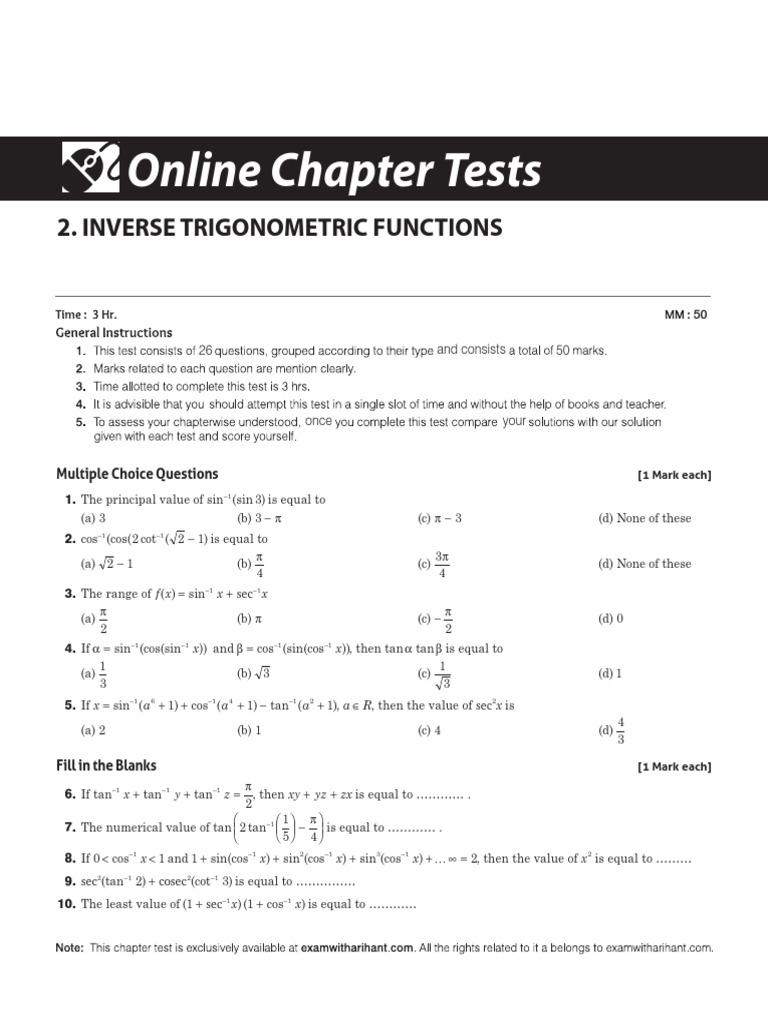 Online Chapter Tests: 2. Inverse Trigonometric Functions | PDF | Sine ...