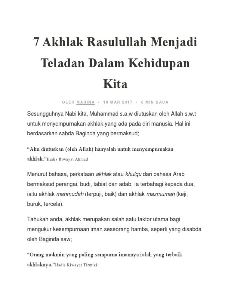7 Akhlak Rasulullah Menjadi Teladan Dalam Kehidupan Kita | PDF
