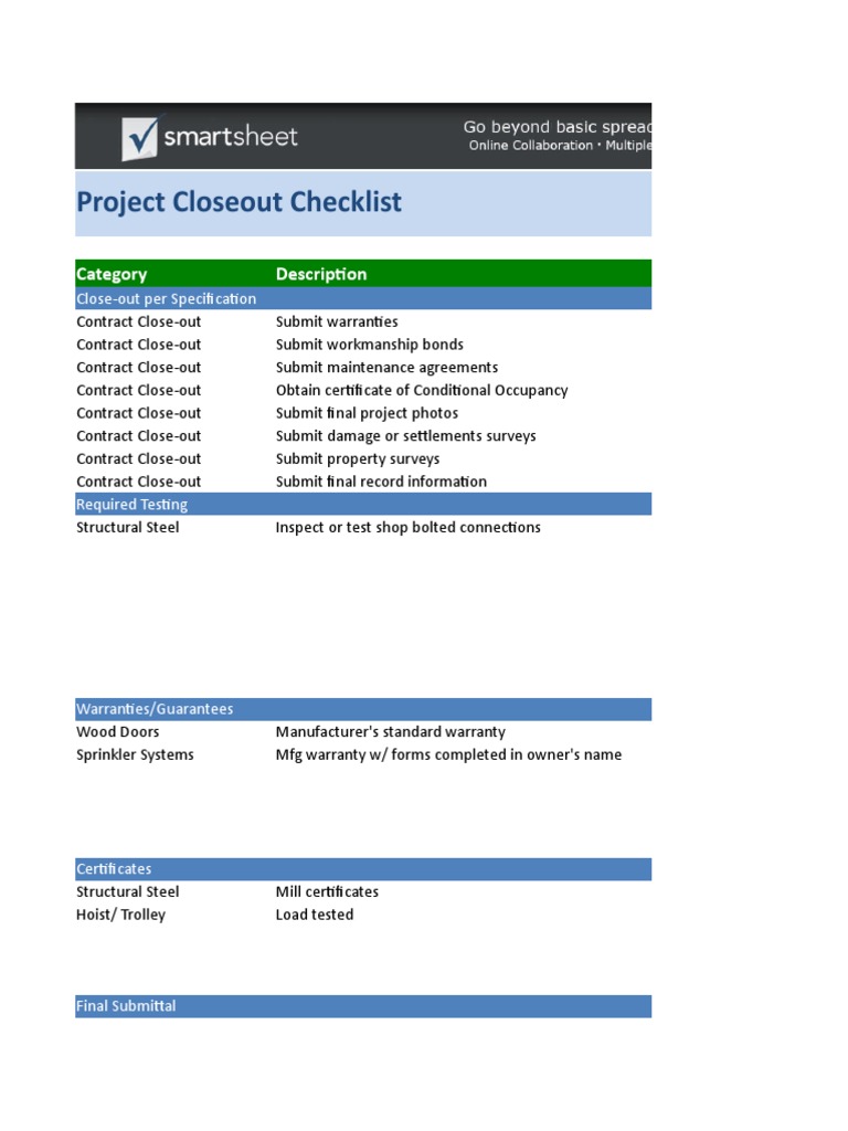 Excel Construction Project Management Templates Project Closeout ...