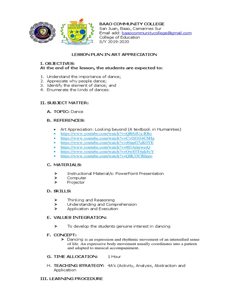 Lesson Plan in Art Appreciation | PDF | Dances | Lesson Plan