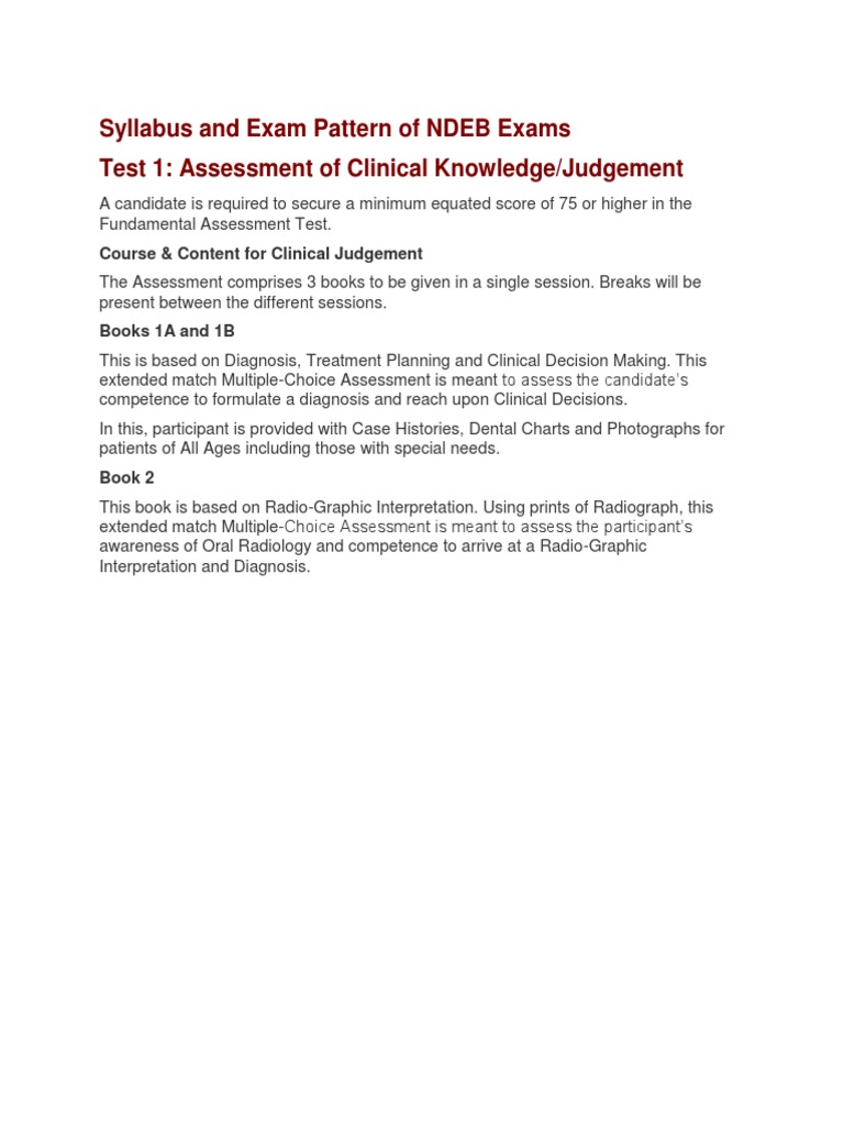Syllabus and Exam Pattern of NDEB Exams Test 1: Assessment of Clinical ...