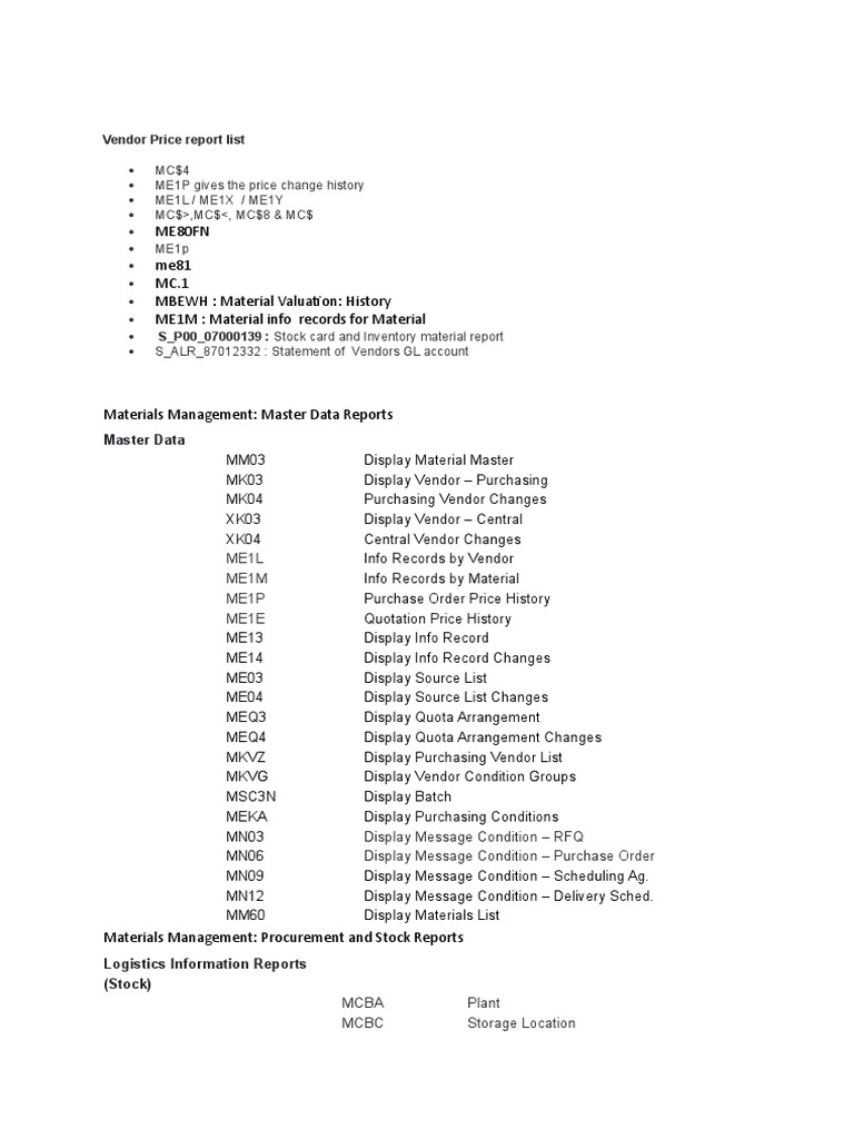 ME80FN Me81 MC.1 MBEWH: Material Valuation: History ME1M: Material Info ...