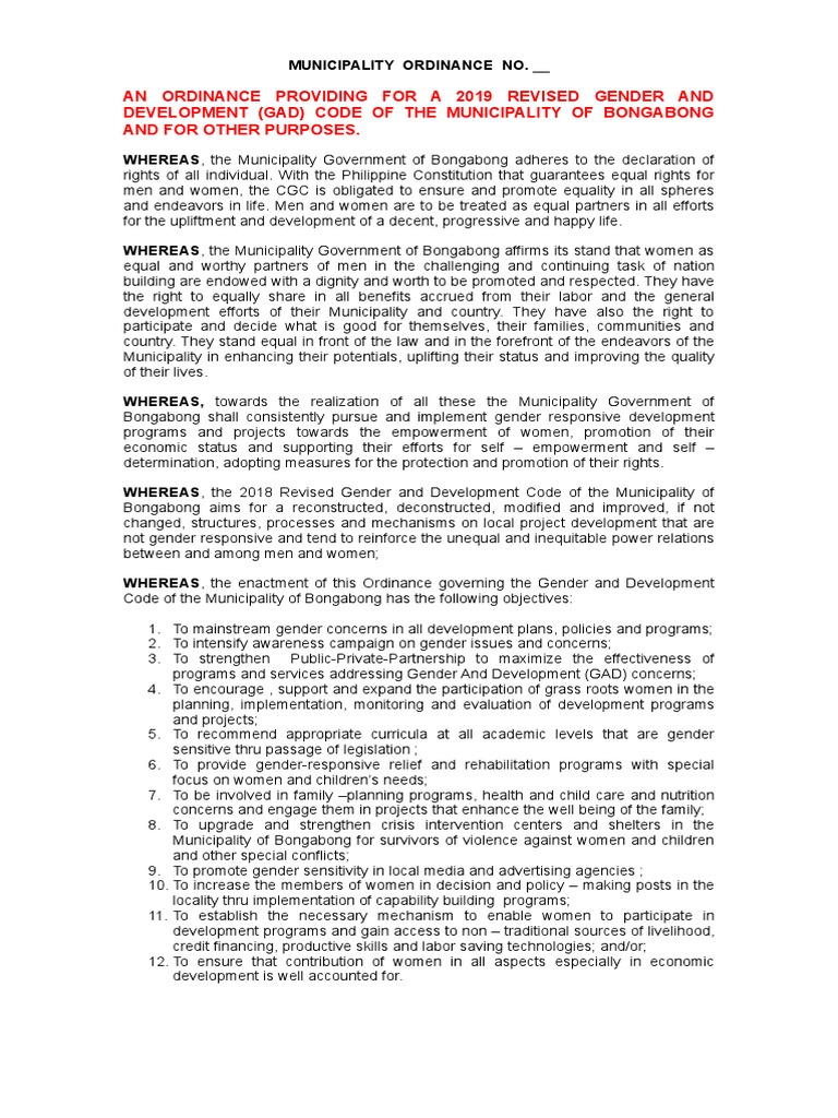 An Ordinance Providing For A 2019 Revised Gender and Development (Gad ...