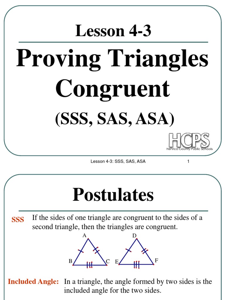 Lesson 4-3: Proving Triangles Congruent | PDF | Triangle | Numbers