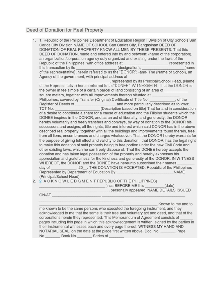 Deed of Donation For Real Property | PDF | Deed | Real Property