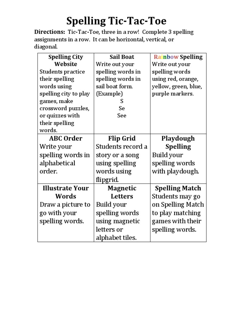Spelling Tic-Tac-Toe | PDF