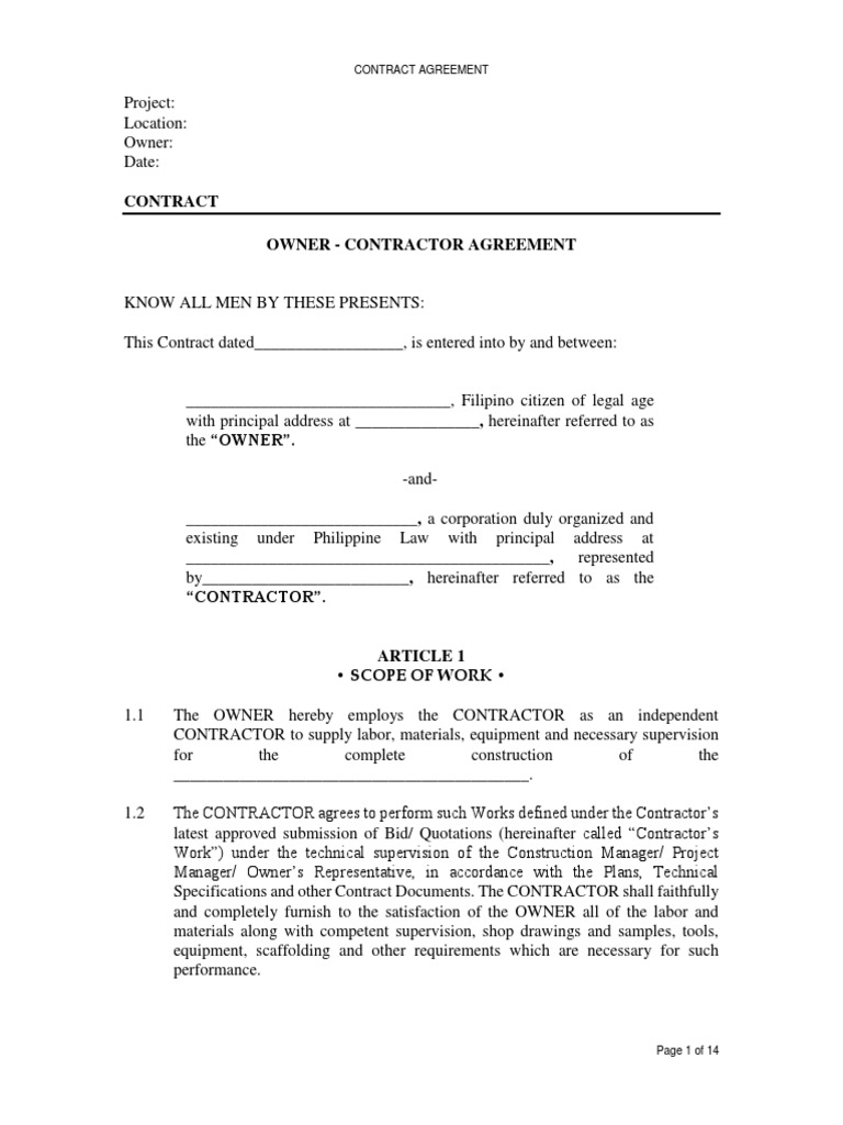 Owner-Contractor Agreement Template | PDF | Indemnity | Arbitration
