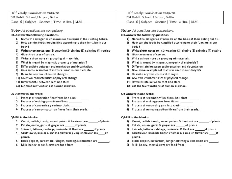 Class 6 Question Paper Science | PDF | Textiles | Foods