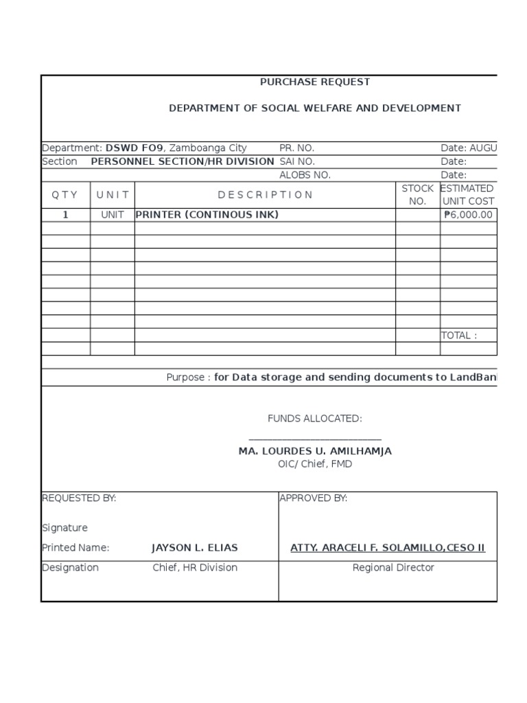 Purchase Request Department of Social Welfare and Development | PDF