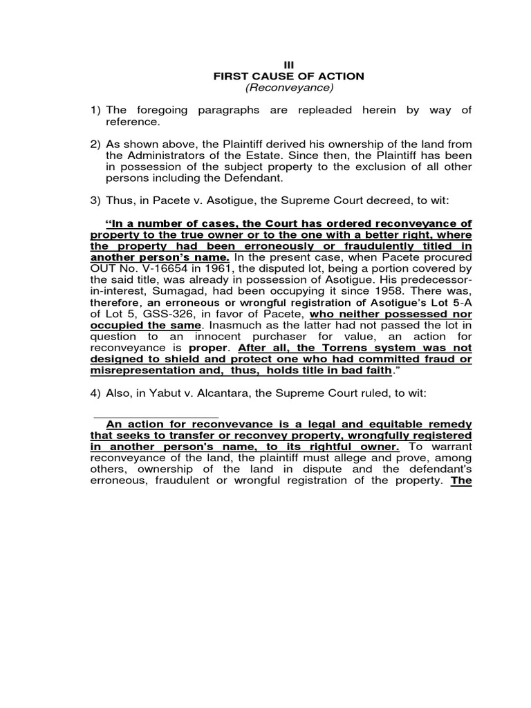 First Cause of Action | PDF | Ownership | Fraud