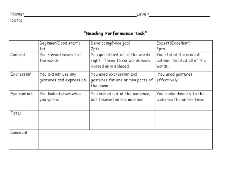 "Reading Performance Task": Name: Level: Date | PDF