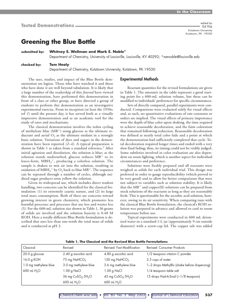 Greening The Blue Bottle: Tested Demonstrations | PDF | Redox | Ph