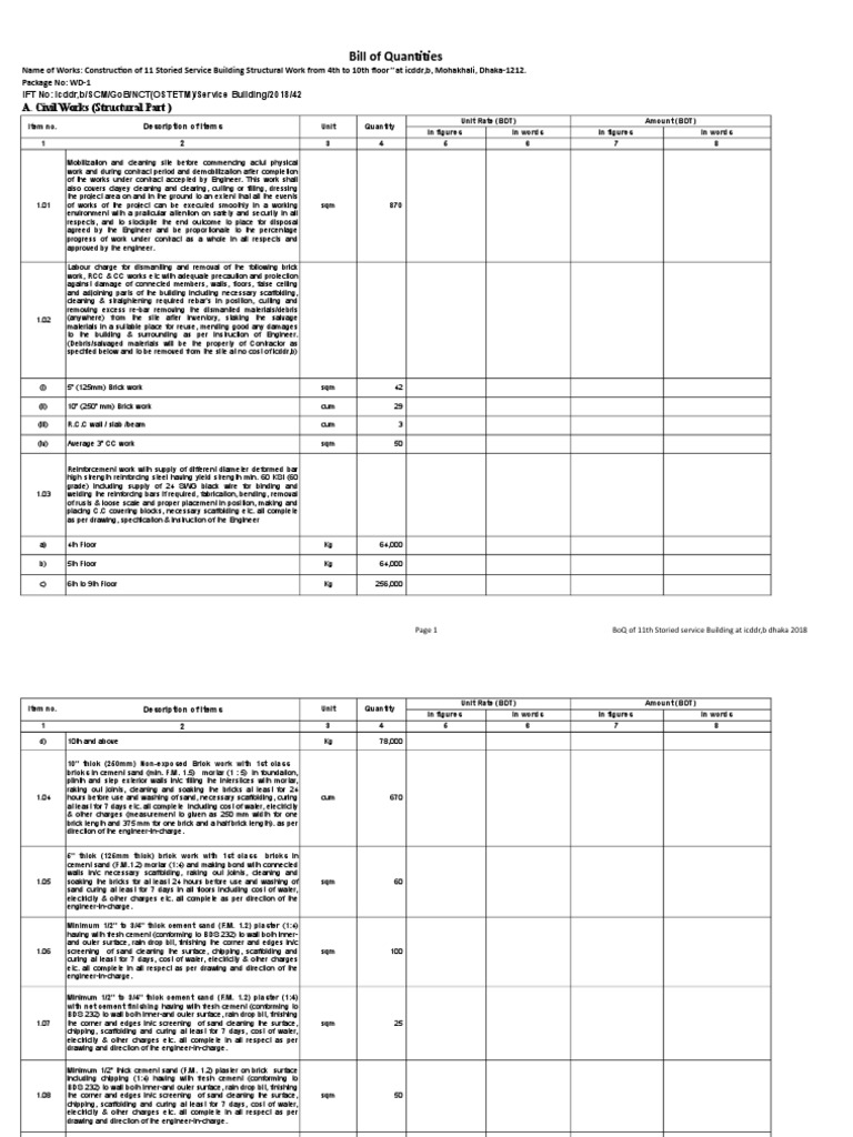 BoQ of Construction of 11 Storied Service Building | PDF | Concrete | Brick