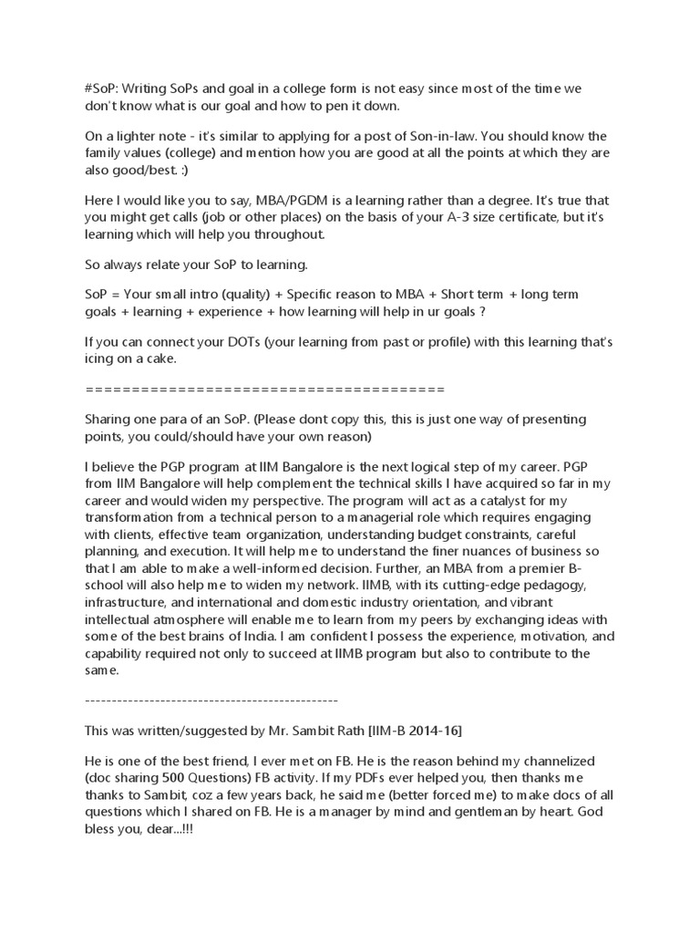 Fms - Sample Sop | PDF | Master Of Business Administration | Behavior ...