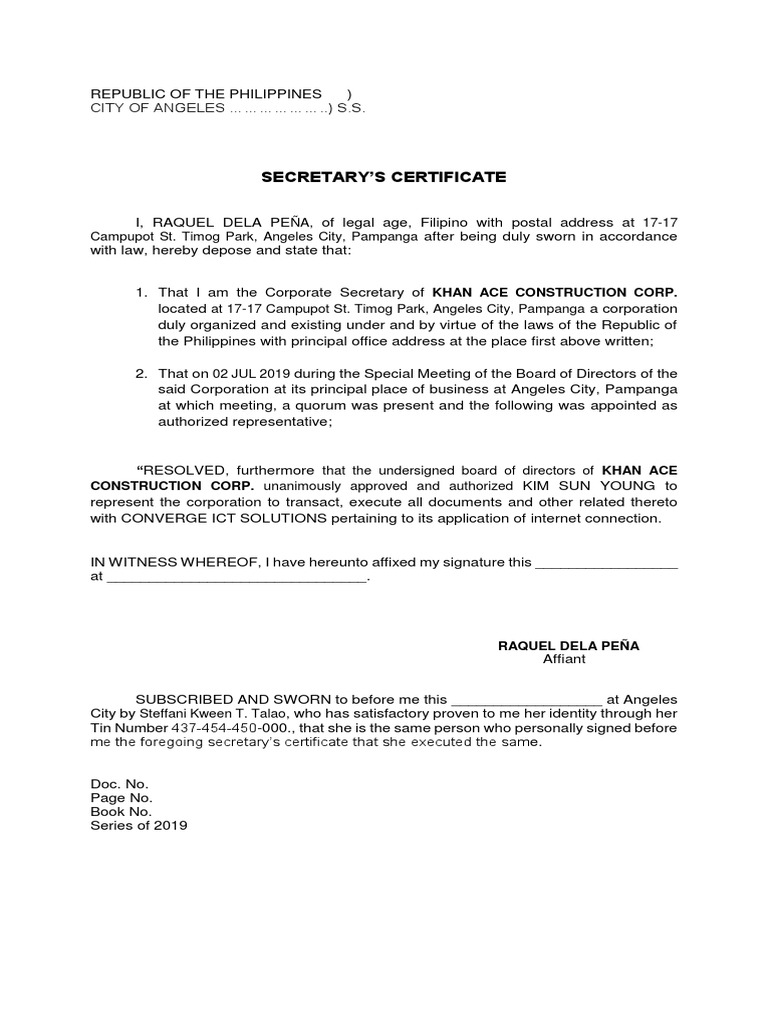 Secretary'S Certificate: ÑA, 17-17 Campupot St. Timog Park, Angeles ...