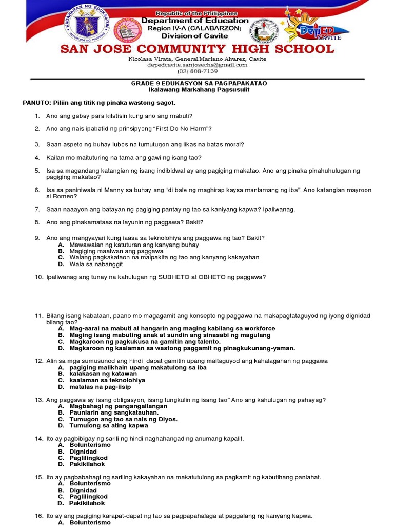 EsP Grade 9 2nd Unit Test | PDF