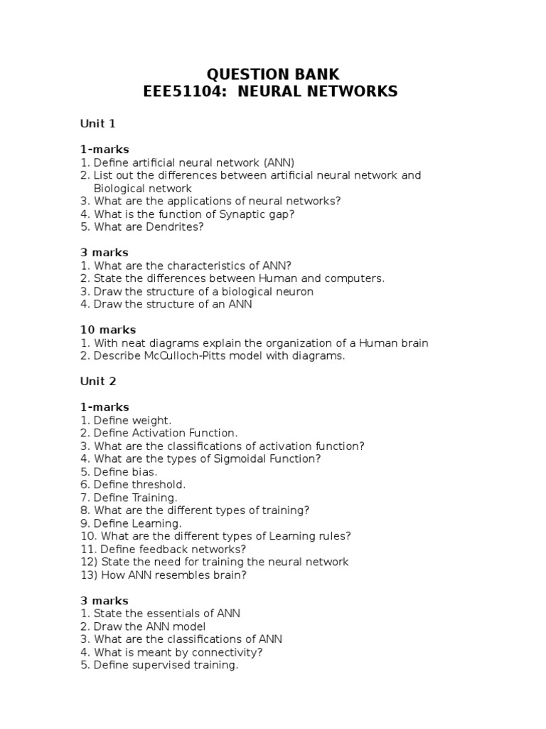 Question Bank Eee51104: Neural Networks: Unit 1 1-Marks | Download Free ...