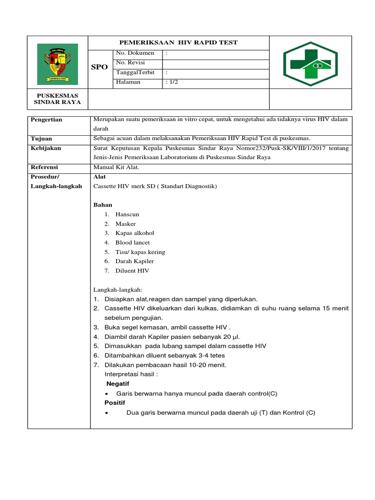 Prosedur Pemeriksaan HIV Rapid Test di Puskesmas Sindar Raya | PDF