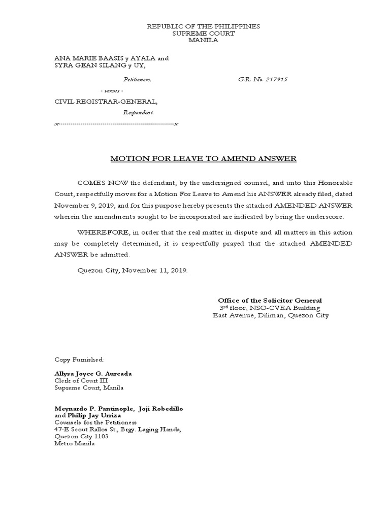 Motion to Amend Answer in Court Case | PDF